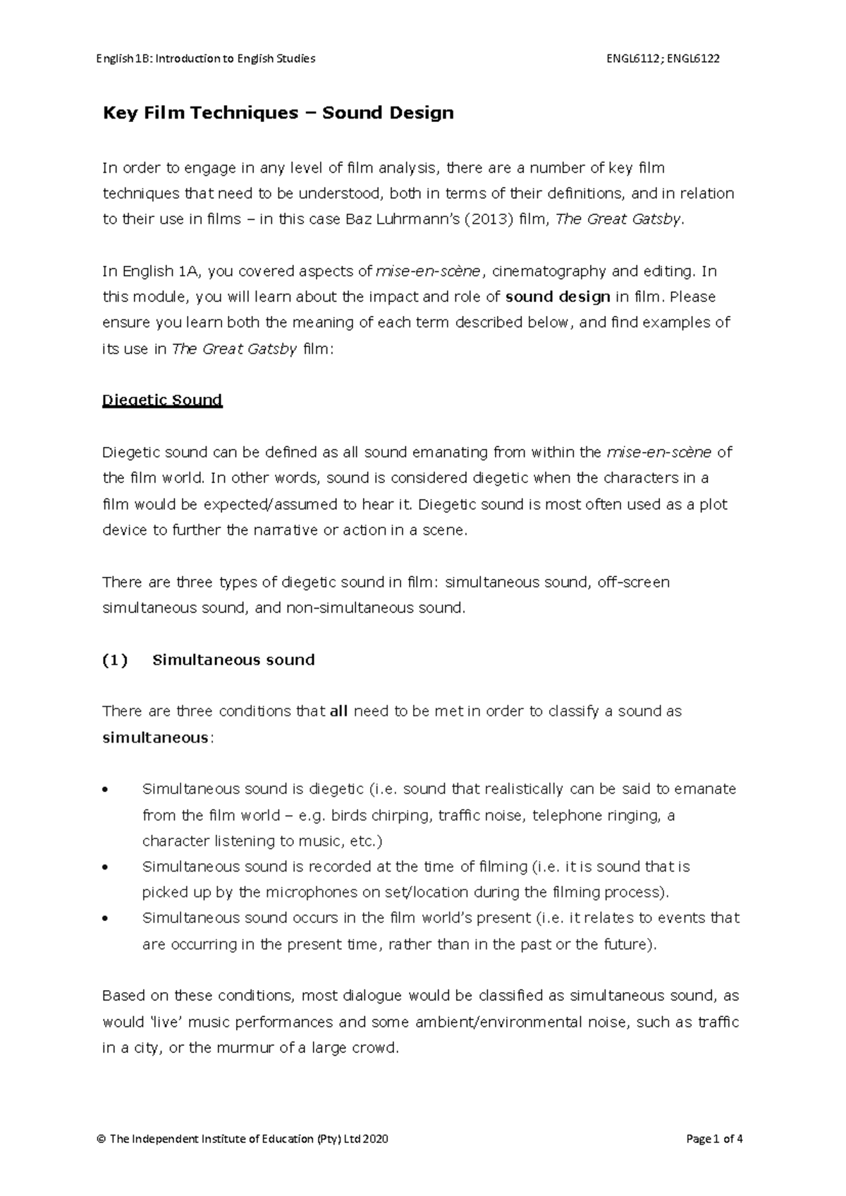 Key Film Techniques - Sound Design - In English 1A, you covered aspects ...