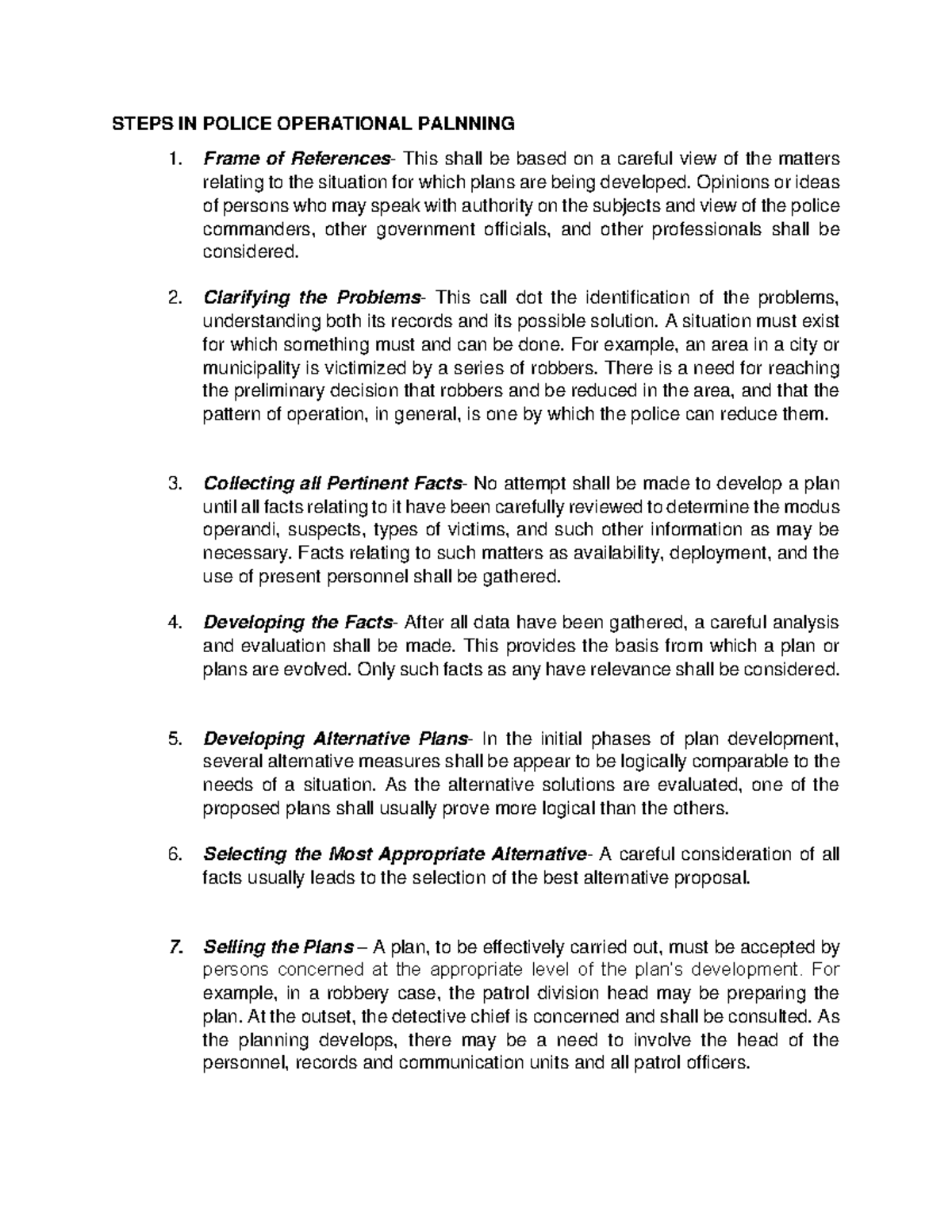 Steps of Police Planning SOP - STEPS IN POLICE OPERATIONAL PALNNING ...