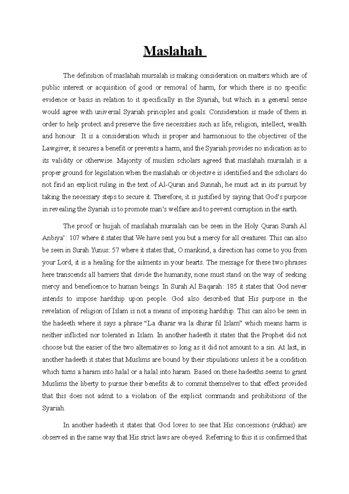 Islamic law notes - Maslahah The definition of maslahah mursalah is ...