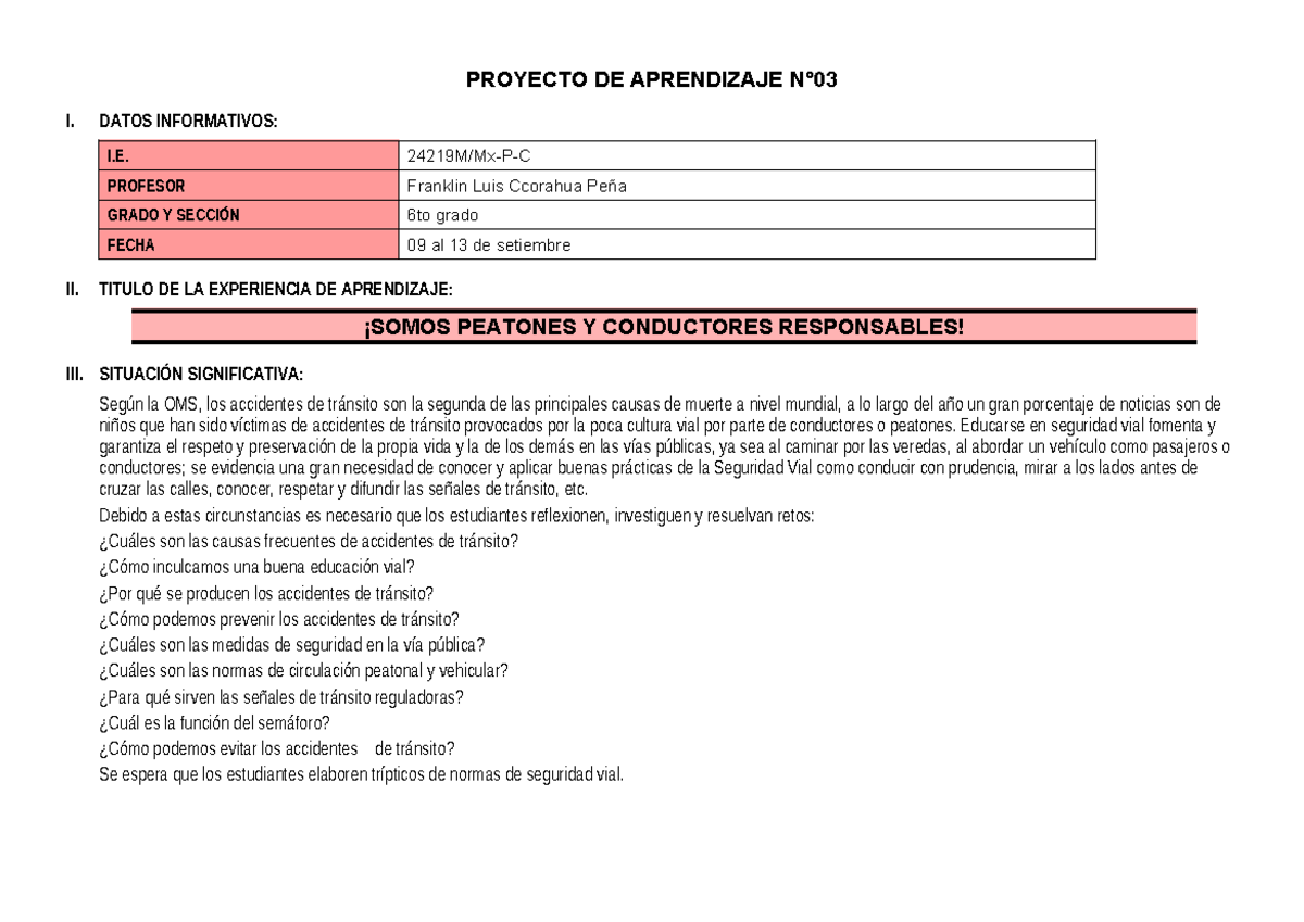 6° Grado - Proyecto DE Aprendizaje N°03 - PROYECTO DE APRENDIZAJE N° I. DATOS INFORMATIVOS: I ...