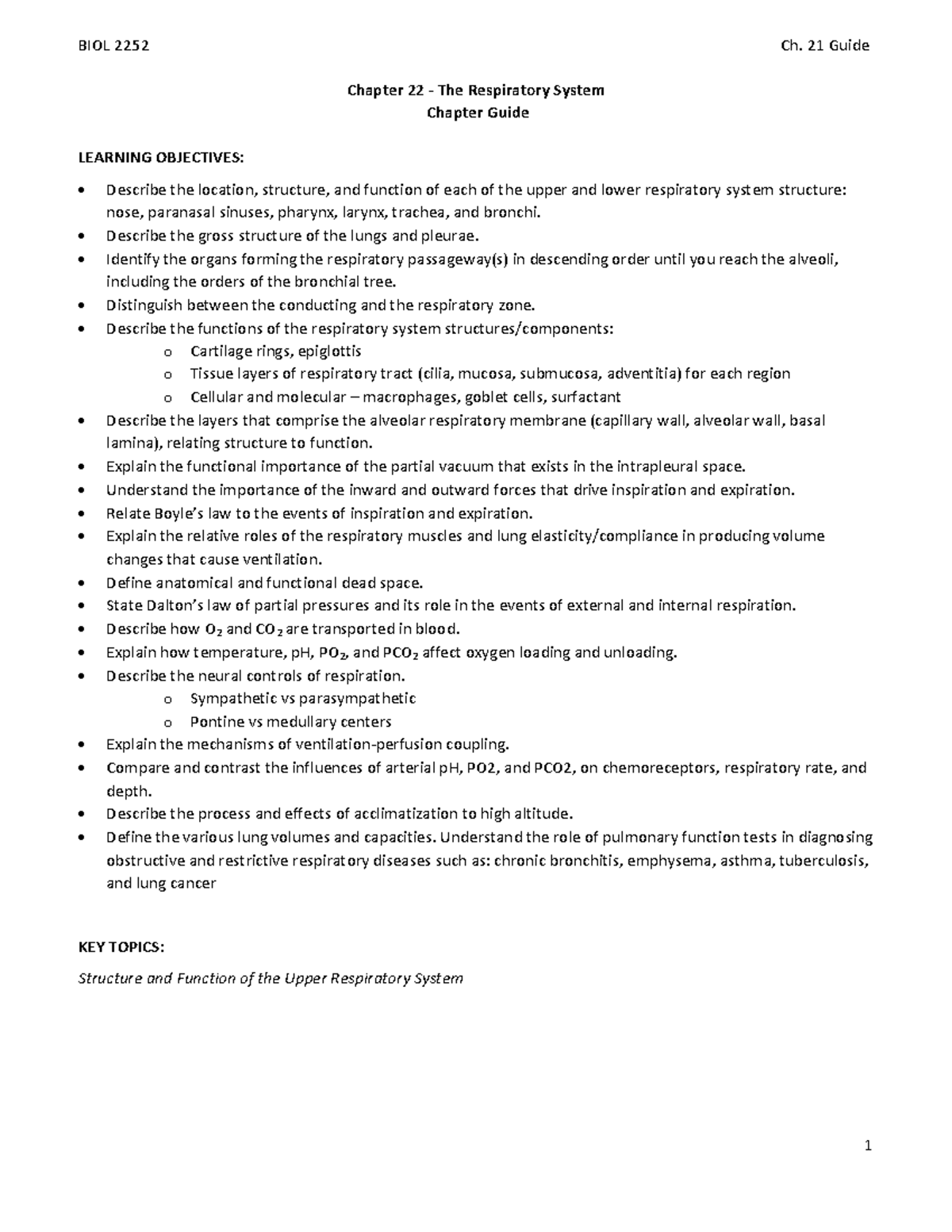 BIOL 2252 Ch 22 Guide - Chapter 22 - The Respiratory System Chapter ...