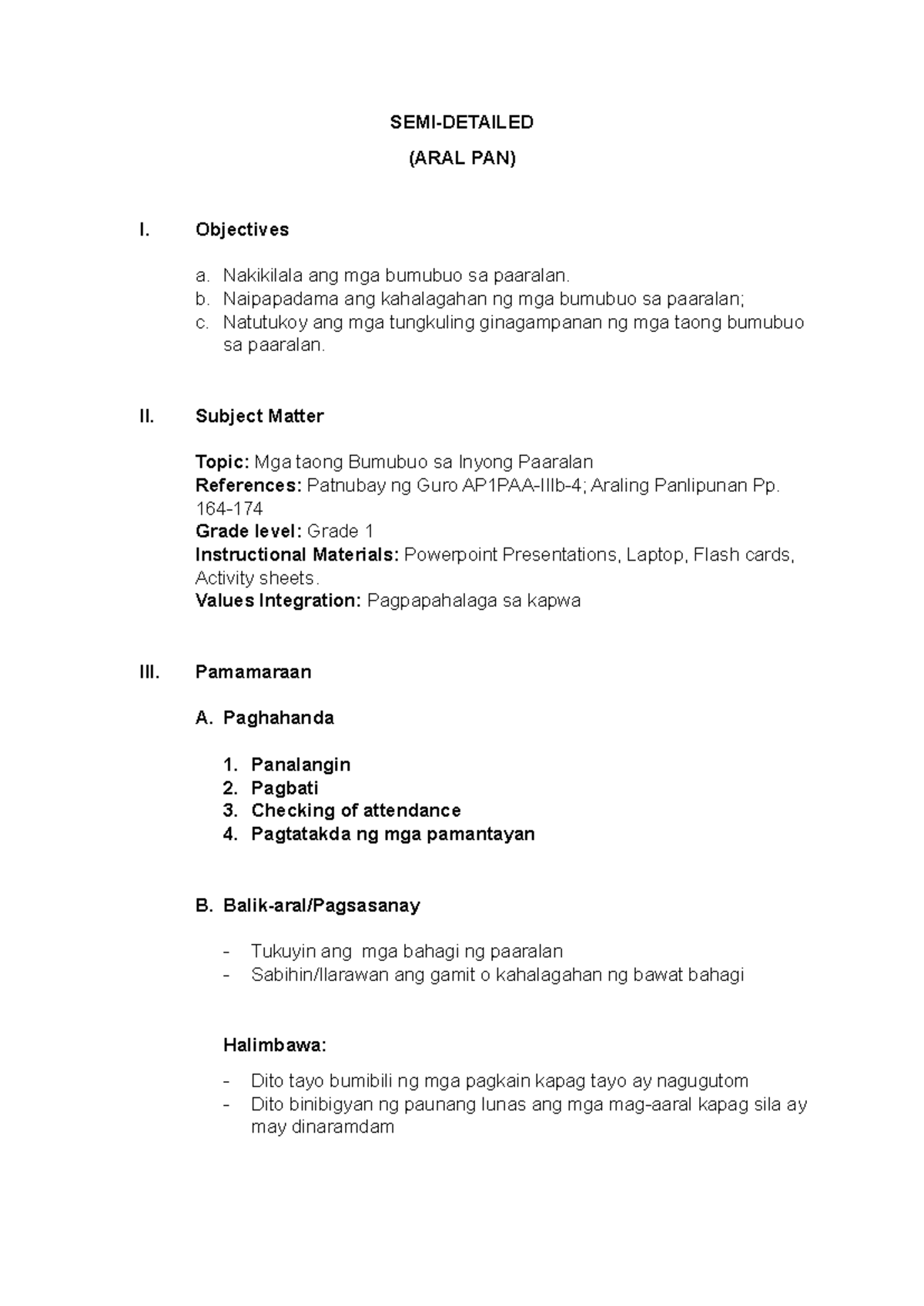 Leson Plan- ARAL PAN - SEMI-DETAILED (ARAL PAN) I. Objectives a ...