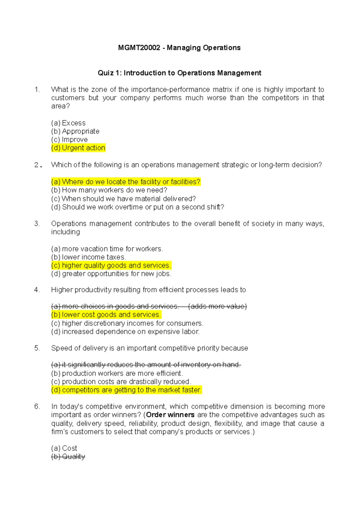 Quiz 1 - quiz 1 - MGMT20002 - Managing Operations Quiz 1: Introduction ...