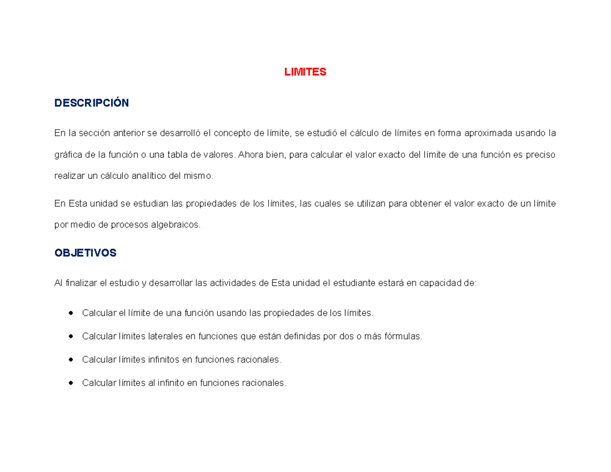 Formulas de limites y derivadas - LIMITES DESCRIPCIÓN En la sección ...