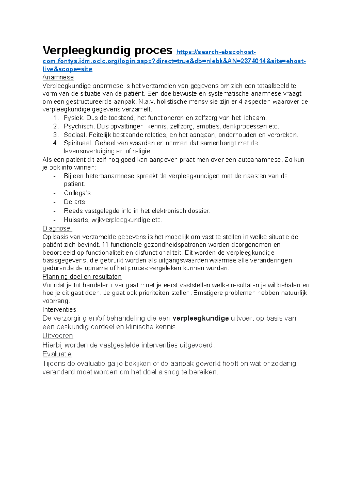 Verpleegkundig proces leerjaar 1 propedeuse fontys eindhoven ...