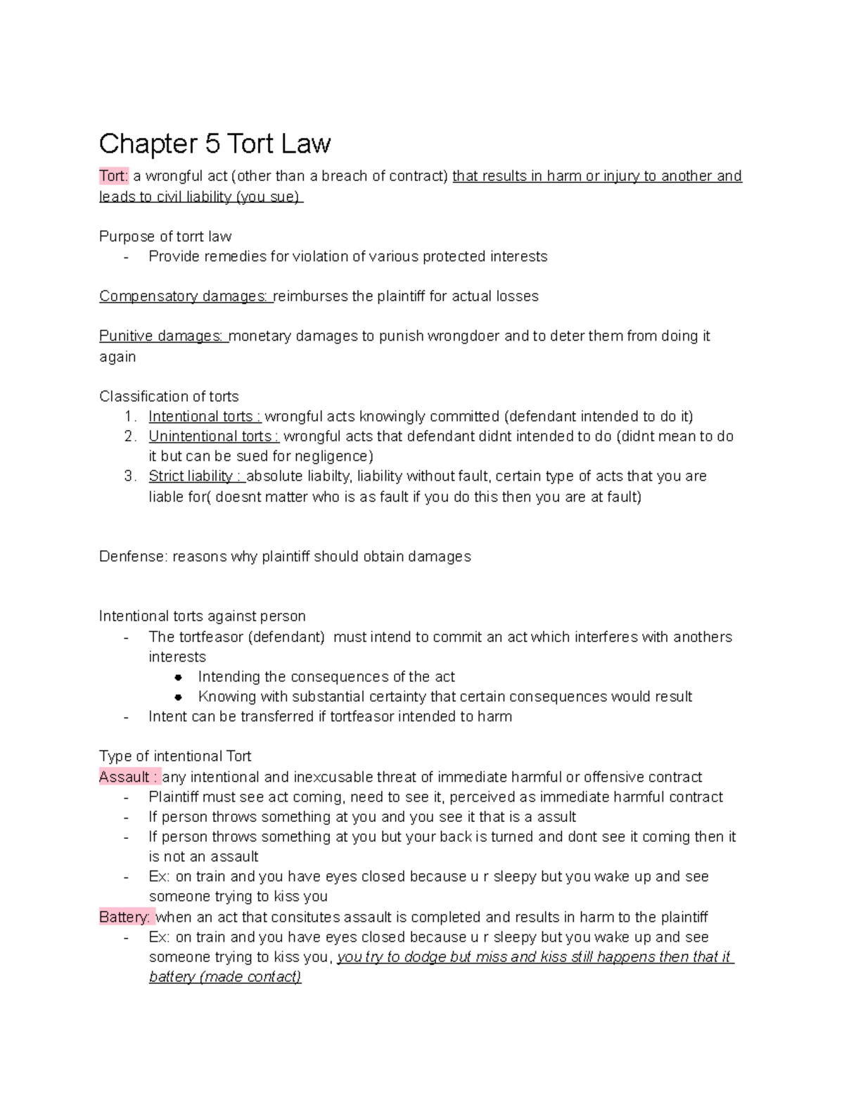 LAW Chapter 5 Notes - Chapter 5 Tort Law Tort: a wrongful act (other ...
