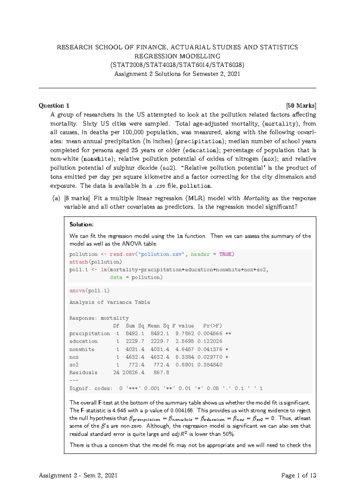 Assignment 2 Solutions - STAT2008 - ANU - Studocu