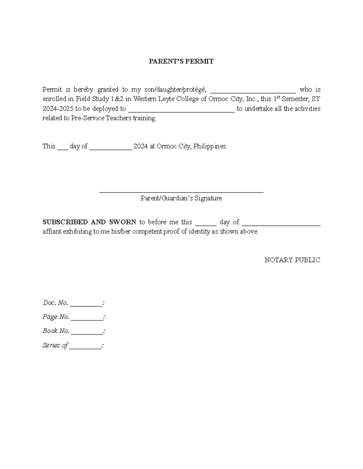 Parents-Permit - Permit - PARENT'S PERMIT Permit is hereby granted to ...