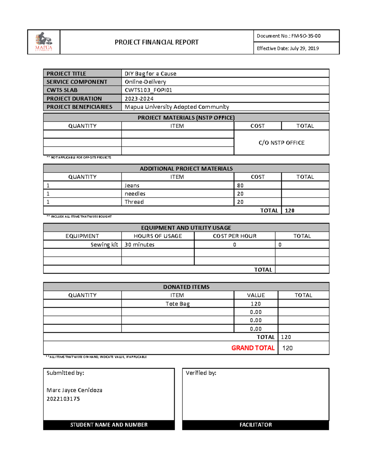 Project Financial Report Form - PROJECT FINANCIAL REPORT Document No ...