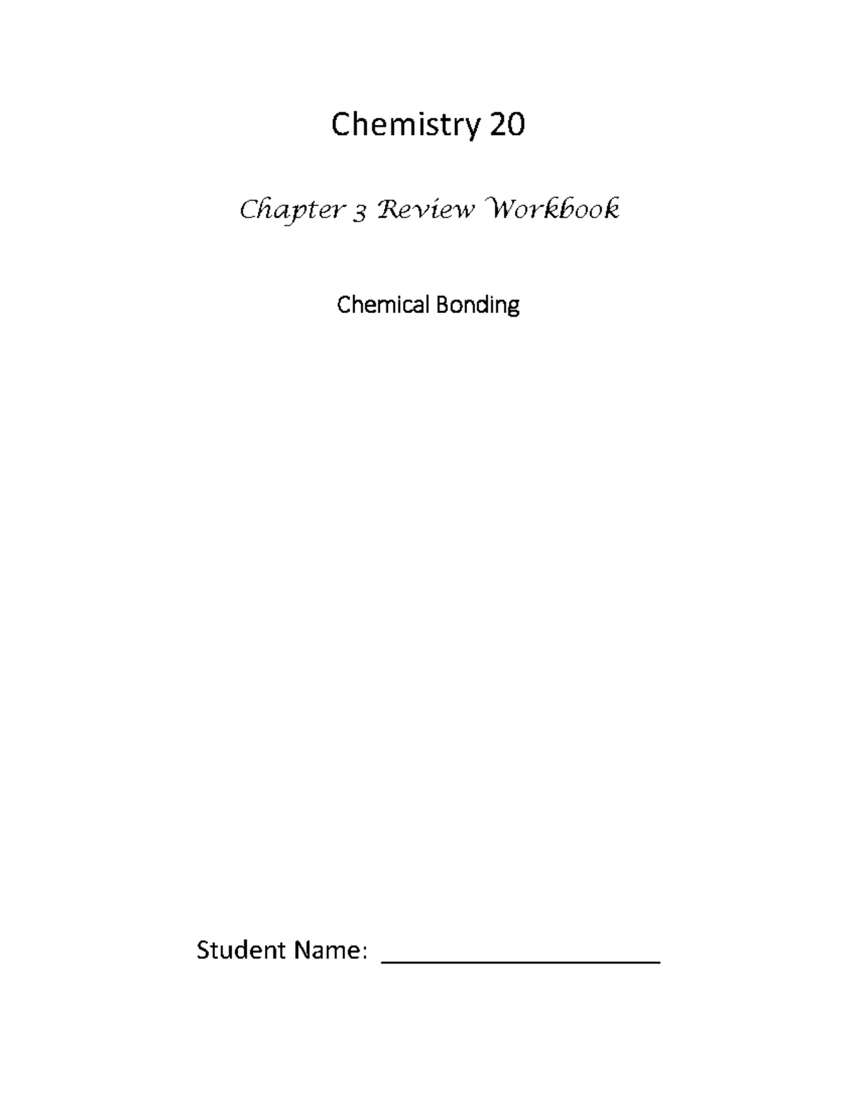 Chemistry 20 Workbook - Chemistry 20 Chapter 3 Review Workbook Chemical ...