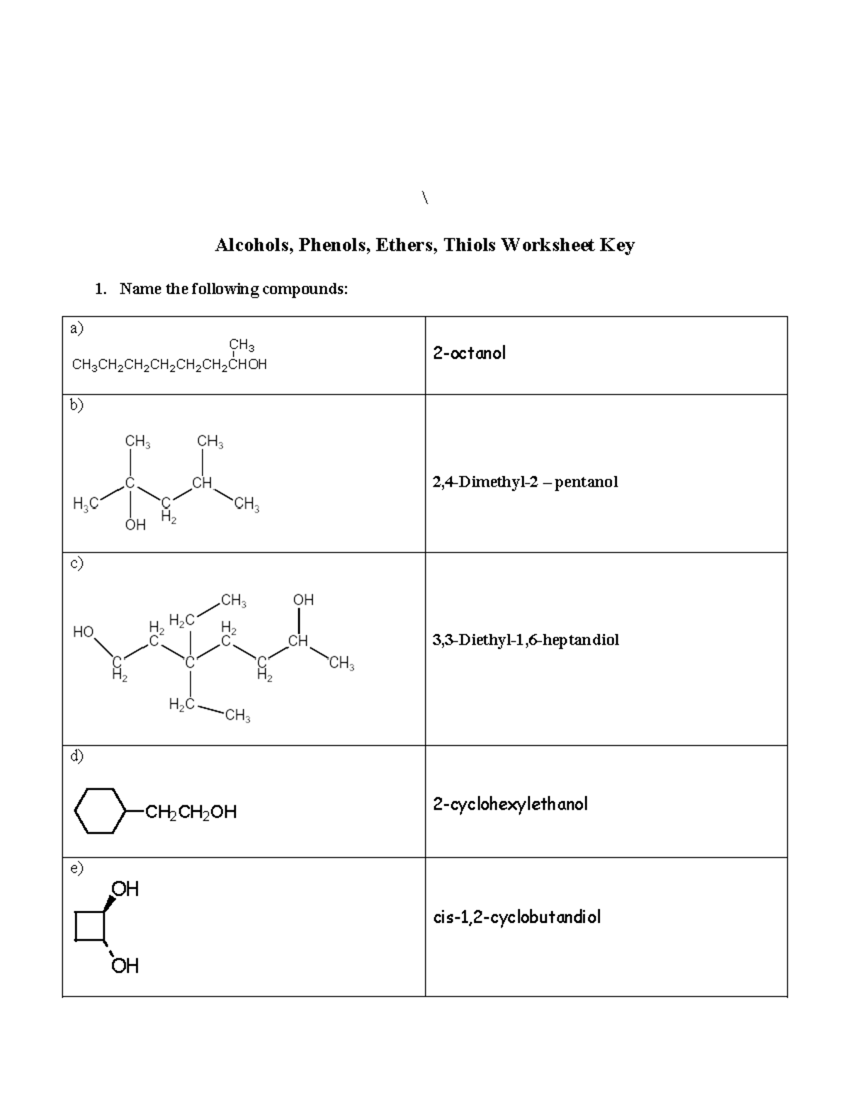 11 alcohol-ethers-thiols-wks-key - \ Alcohols, Phenols, Ethers, Thiols ...