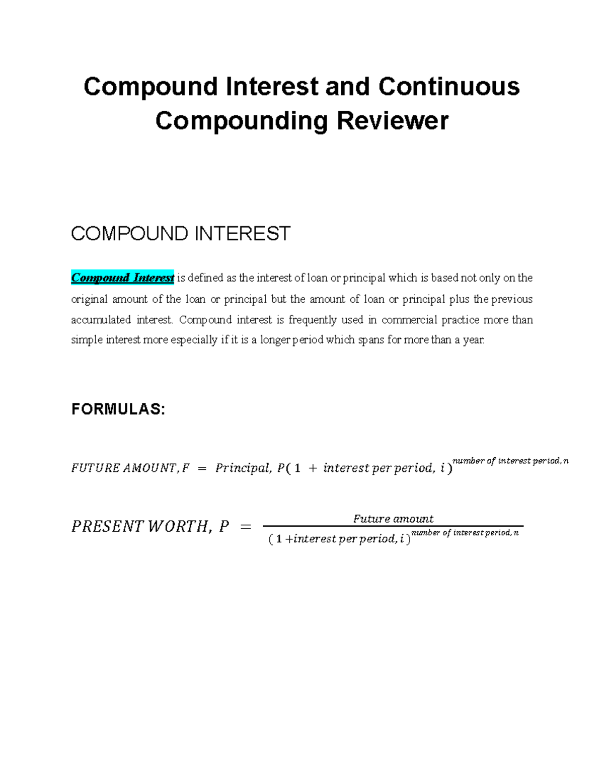 Compound Interest and Continuous Compounding Reviewer - Compound ...