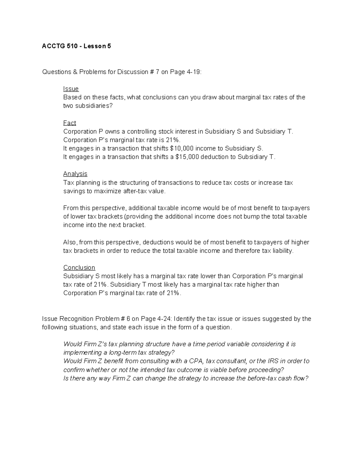 Acctg 510 - Chapter 5 - ACCTG 510 - Lesson 5 Questions & Problems for Discussion # 7 on Page ...