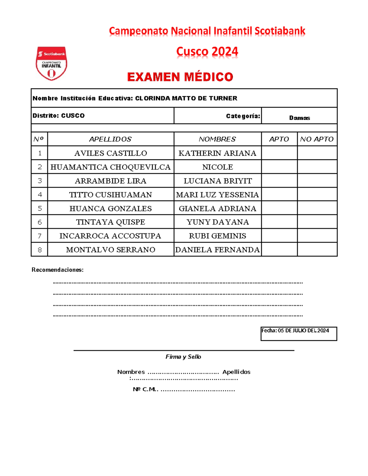 Modelo Formato examén médico - Nombre Institución Educativa: CLORINDA ...