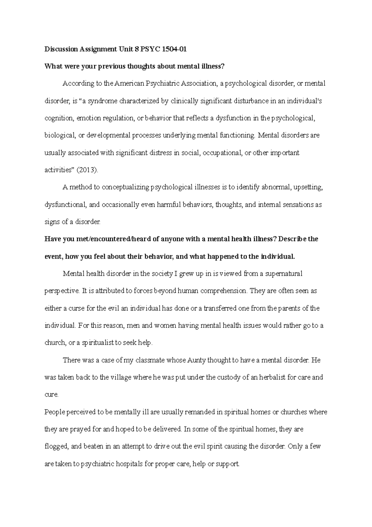 Discussion Assignment Unit 8 PSYC 1504-01 - Discussion Assignment Unit 8 PSYC 1504- What were ...