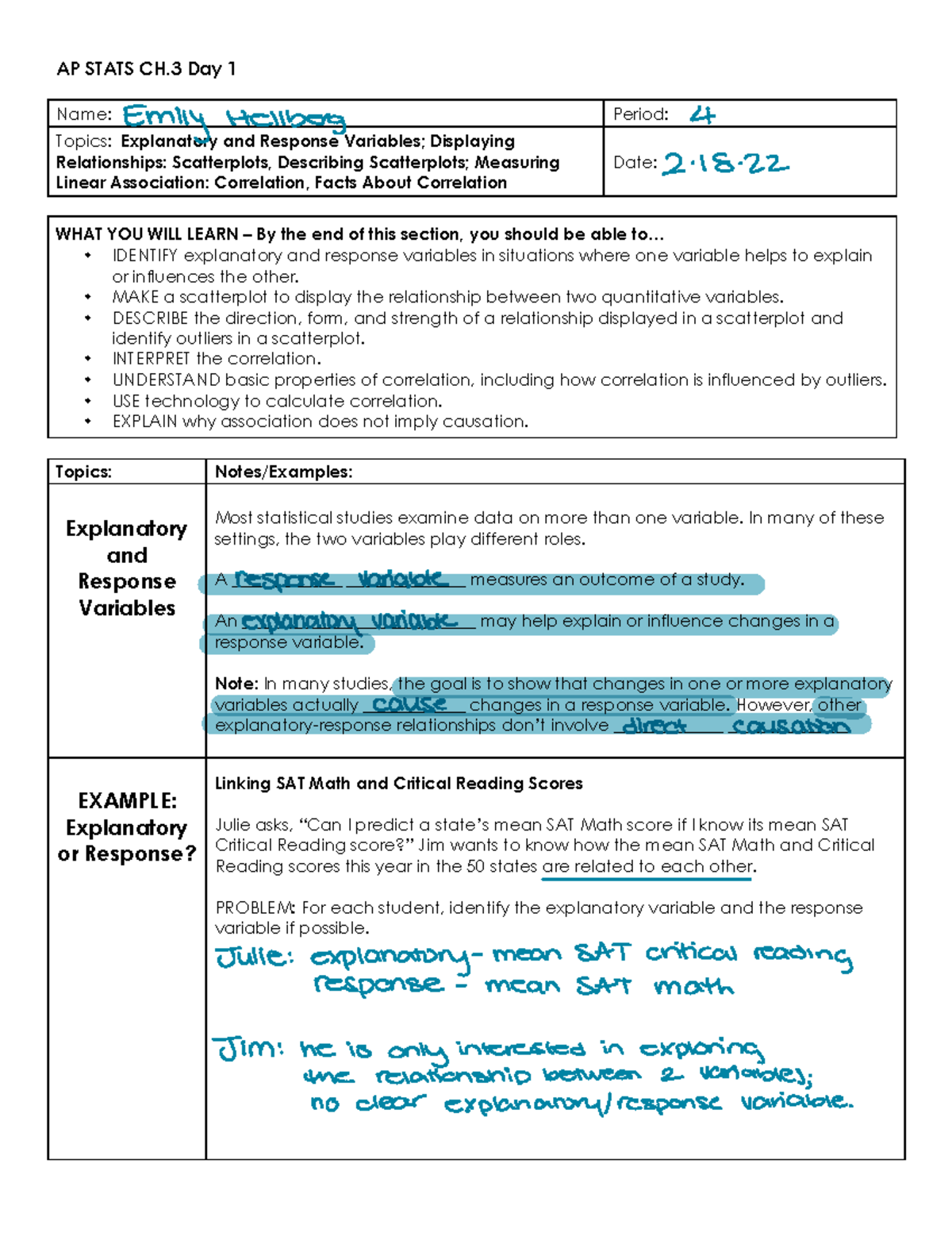 S CH.3 Notes - AP STATS CH Day 1 Name: Period: Topics: Explanatory and ...