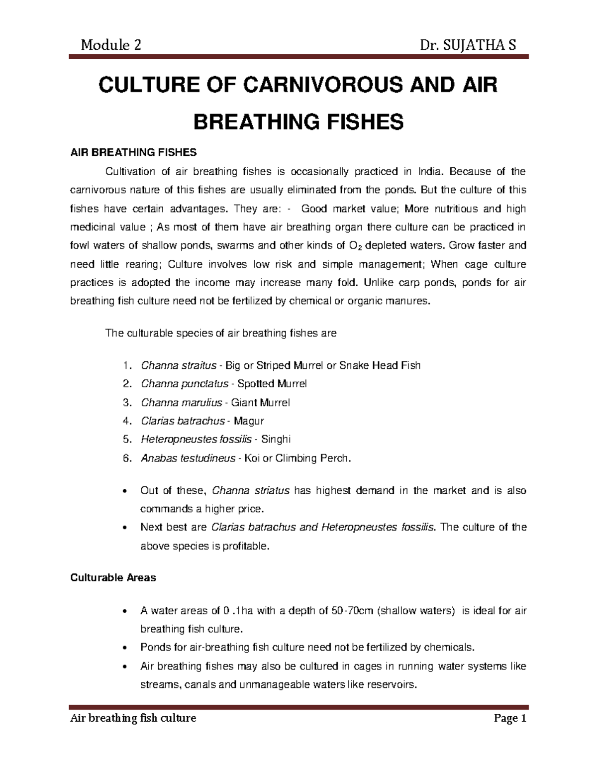 Culture OF Carnivorous AND AIR Breathing Fishes - CULTURE OF ...
