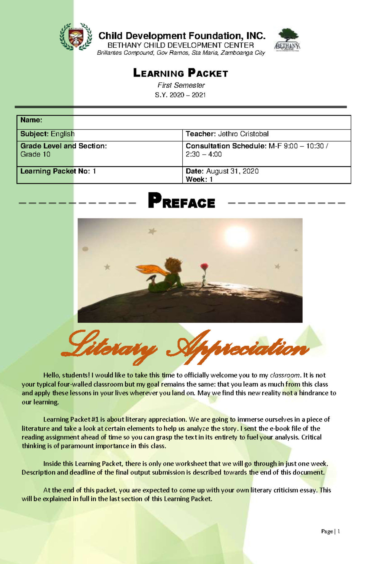 English 10 - Learning Packet 1 - Child Development Foundation, INC ...