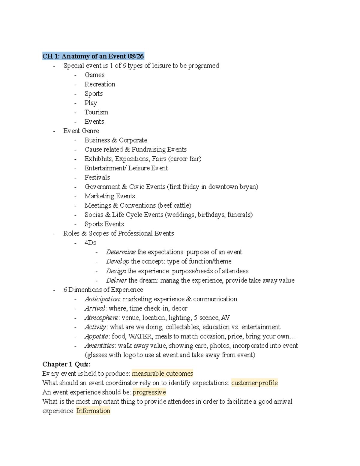 Notes for Semester - CH 1: Anatomy of an Event 08/ - Special event is 1 ...