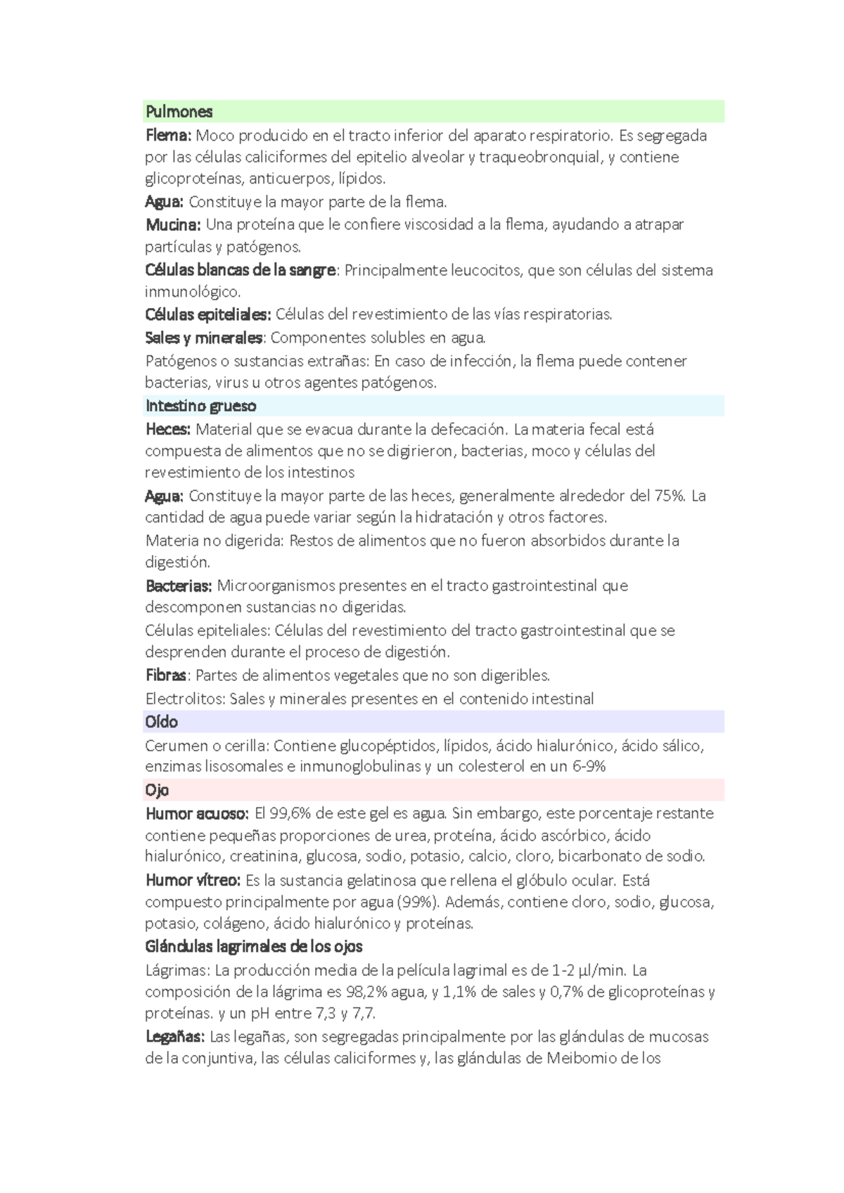 Tabla de fluidos - Pulmones Flema: Moco producido en el tracto inferior ...