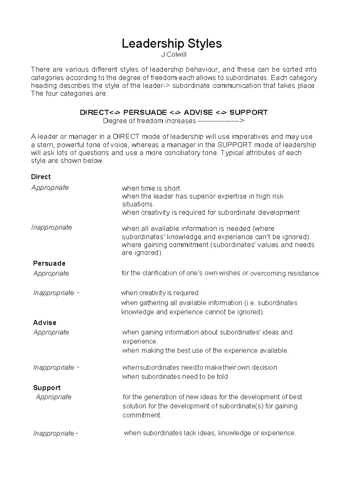 Leadership Style handout 2021 - Leadership Styles J There are various ...