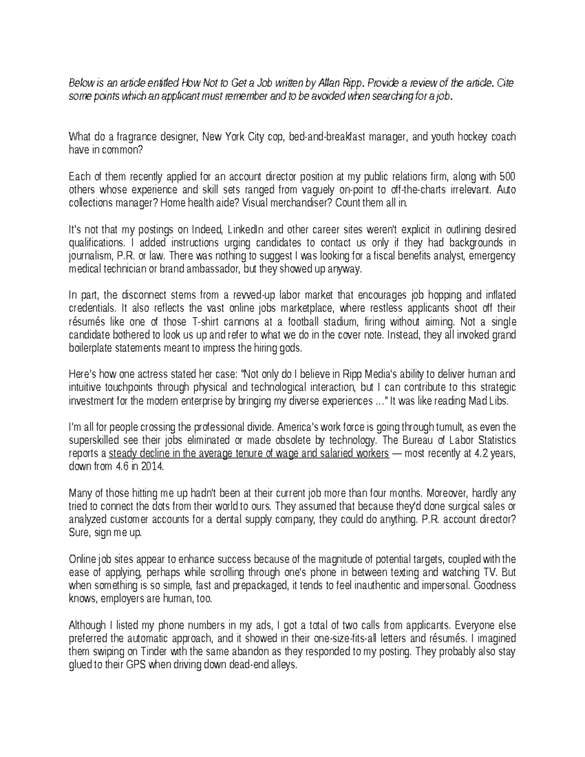 Article review - an a - Below is an article entitled How Not to Get a ...