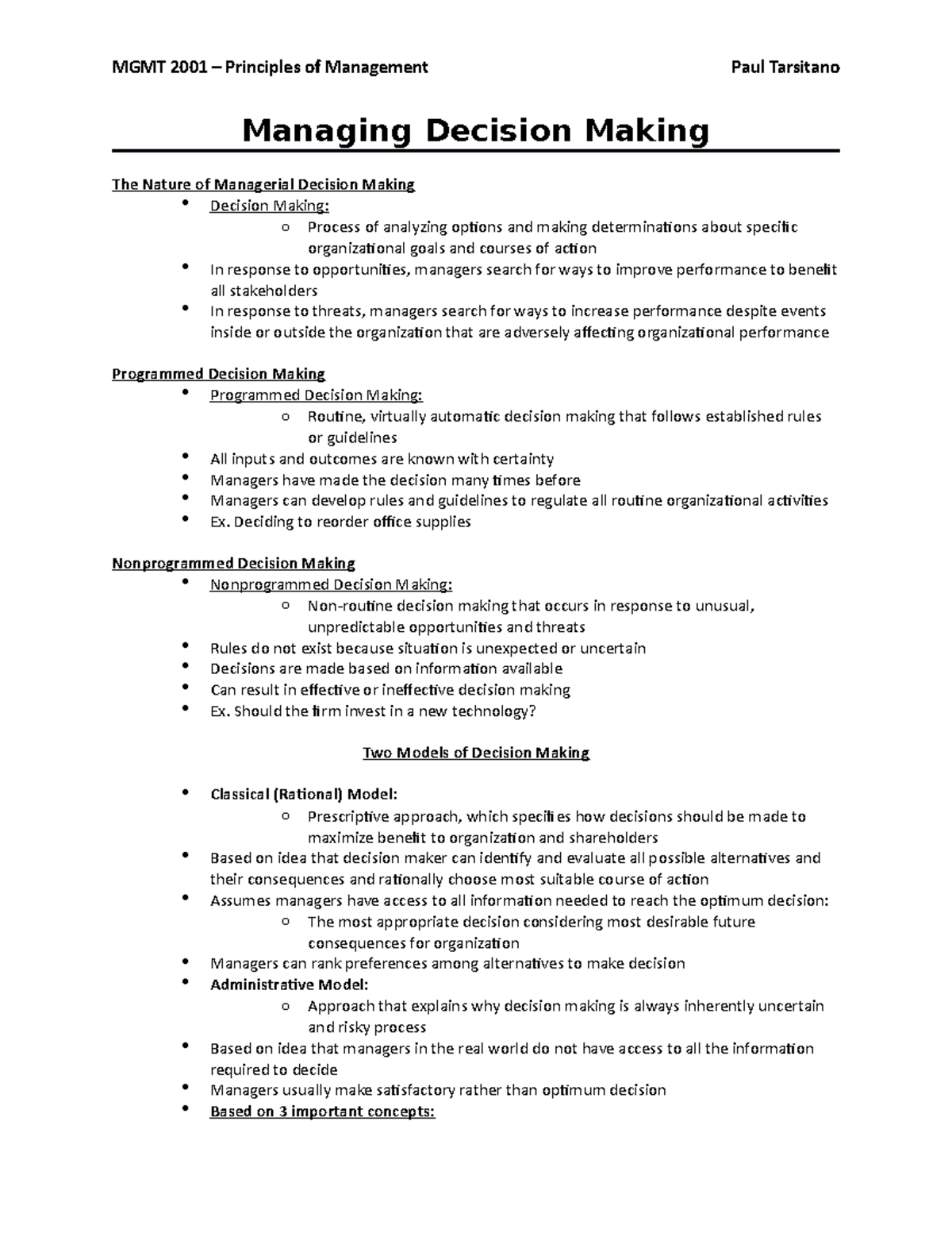 POM - Managing Decision Making - Managing Decision Making The Nature of ...