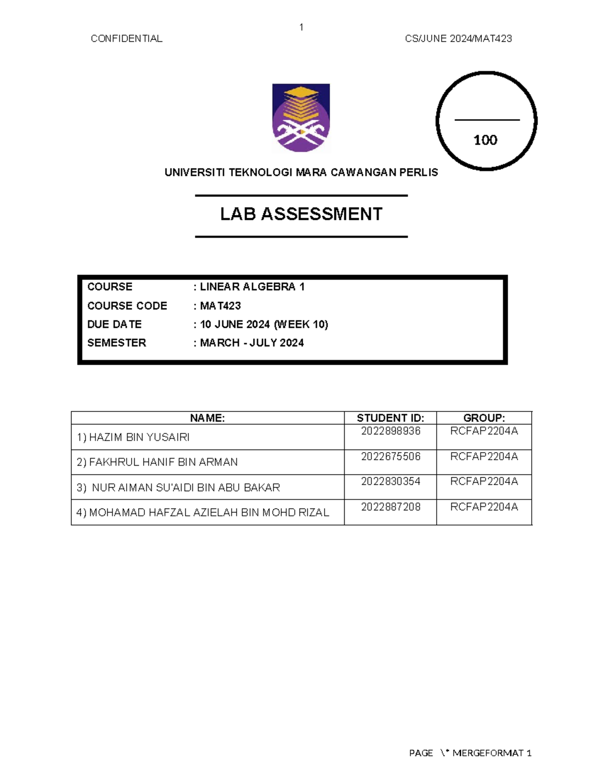 LAB MAT423 20224-1 - mat - ####### CONFIDENTIAL CS/JUNE 2024/MAT UNIVERSITI TEKNOLOGI MARA ...