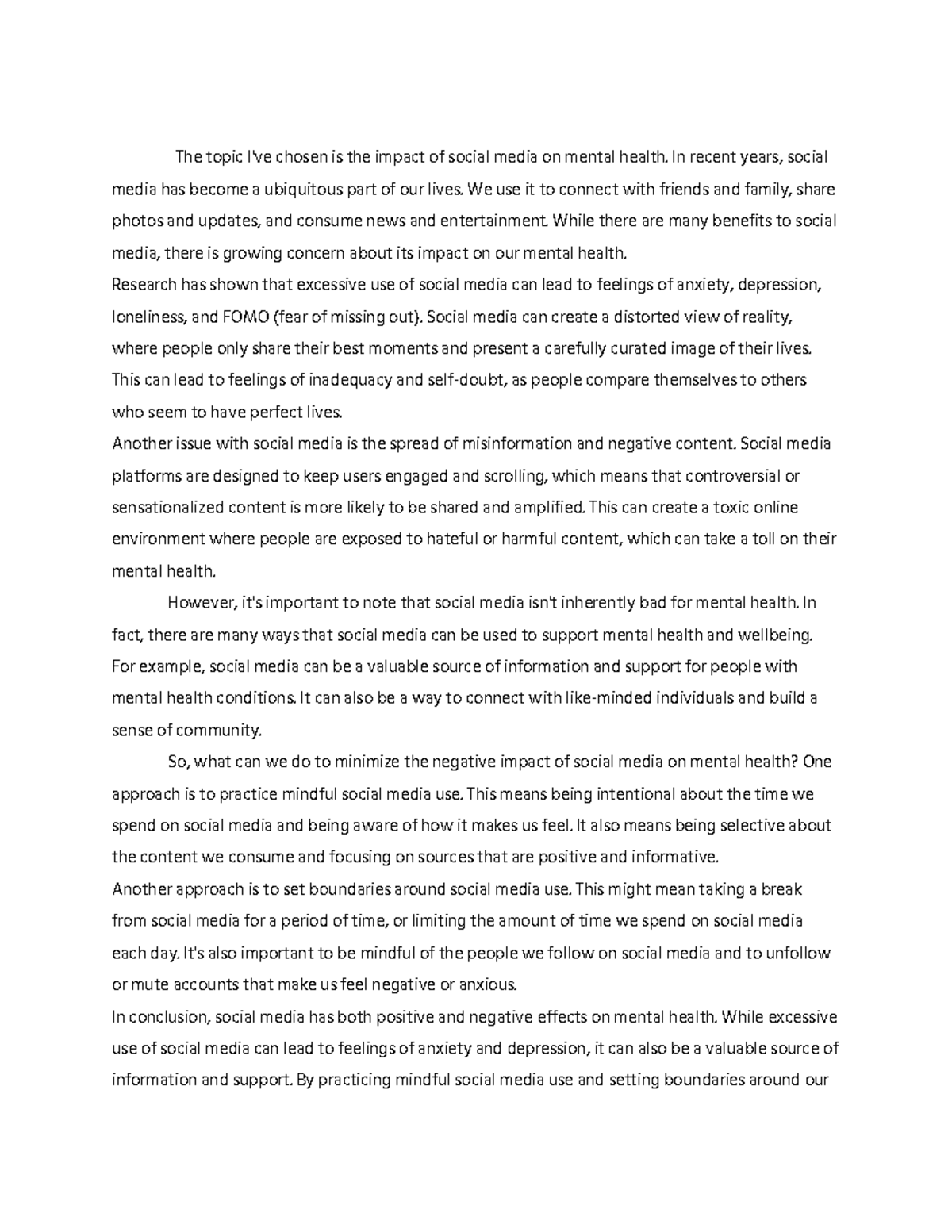 Writing assignment #2 - The topic I've chosen is the impact of social ...