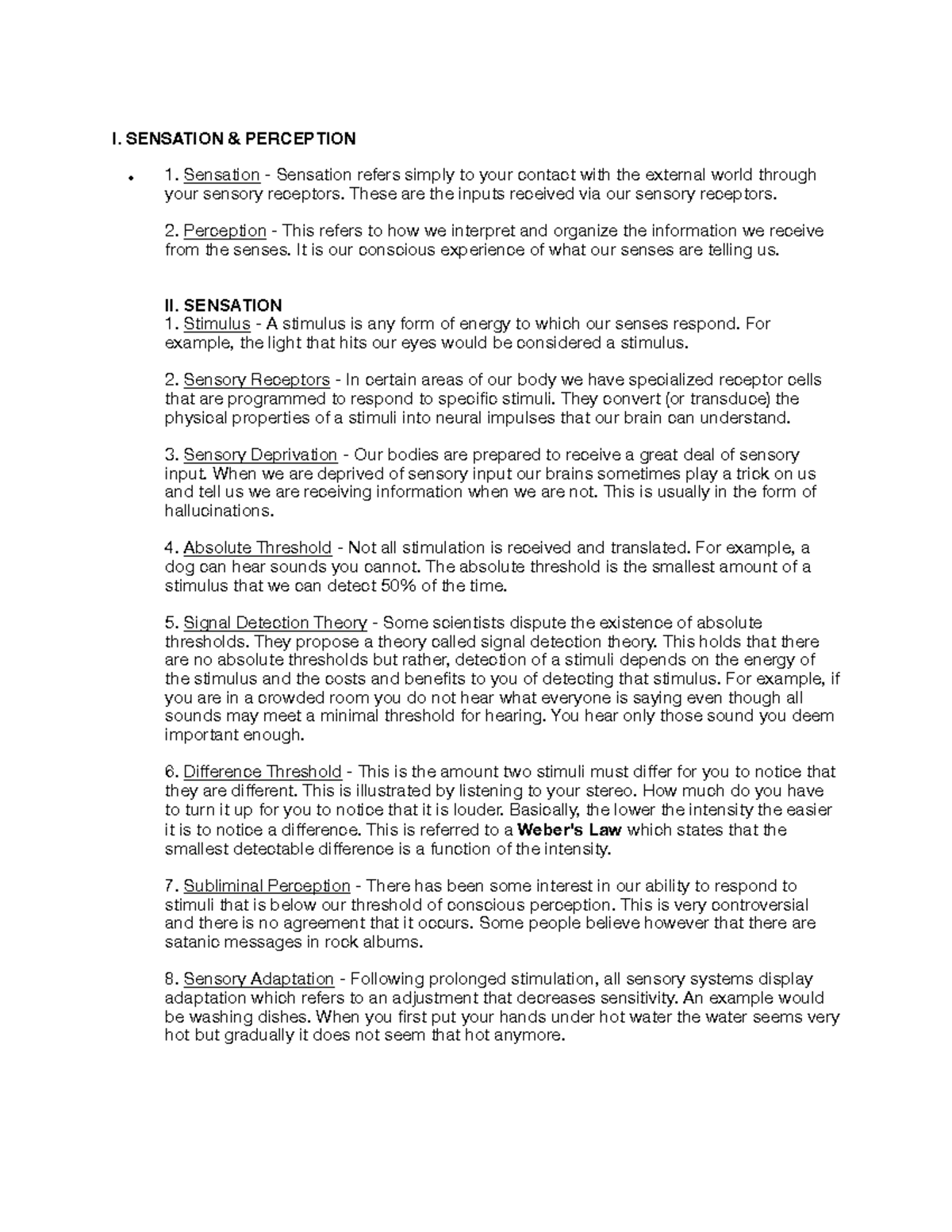 Psych 4 - sensation and perception class notes - I. SENSATION ...