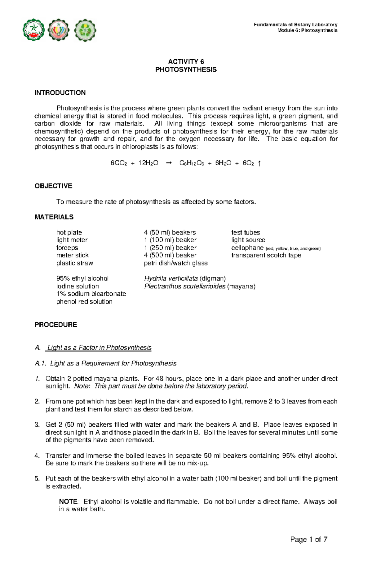 06- Activity 6 Photosynthesis (updated) - Module 6: Photosynthesis ...