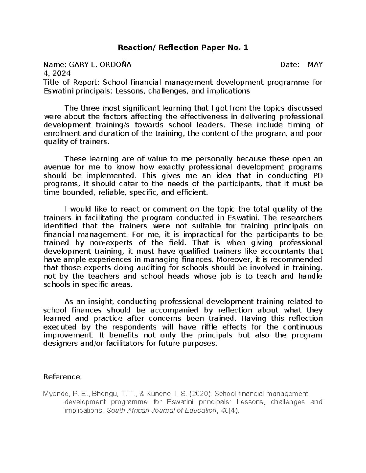 Reaction Reflection Paper 1 - 1 Name: GARY L. ORDOÑA Date: MAY 4, 2024 ...