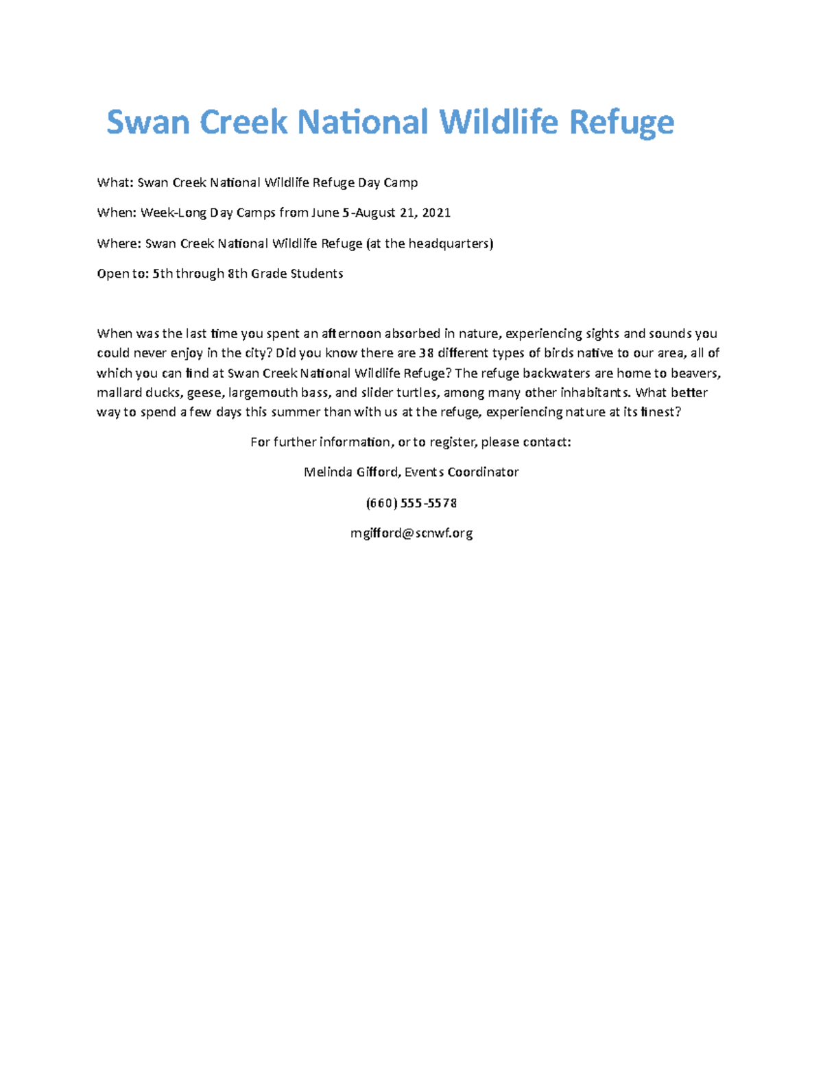 W01h2Flyer-Mendoza Sahvanna - What: Swan Creek National Wildlife Refuge ...