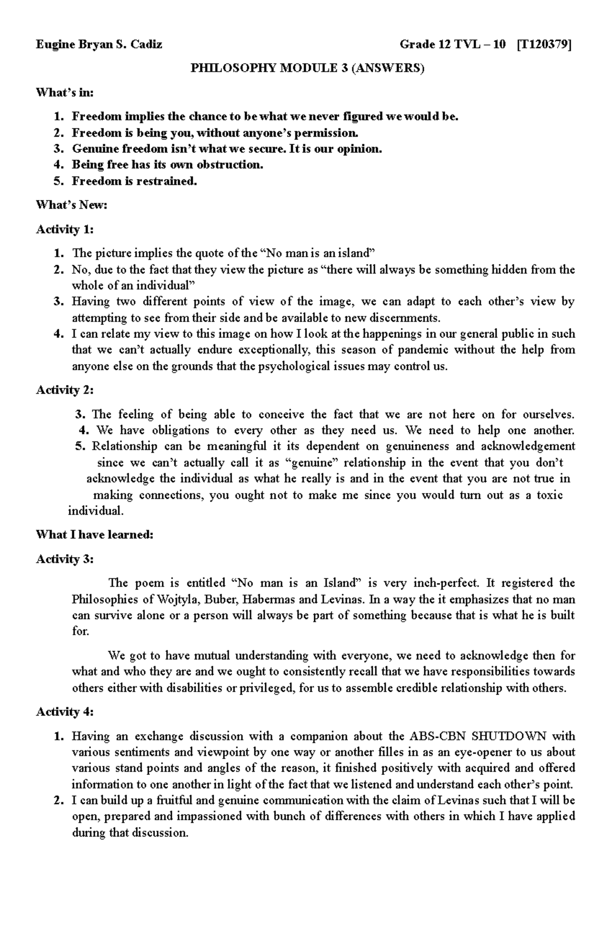 Philosophy Module 3 - Lecture notes 8 - Eugine Bryan S. Cadiz Grade 12 ...