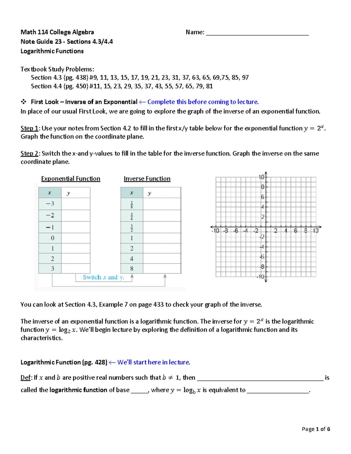 Logarithmic Functions - Math 114 College Algebra Name ...