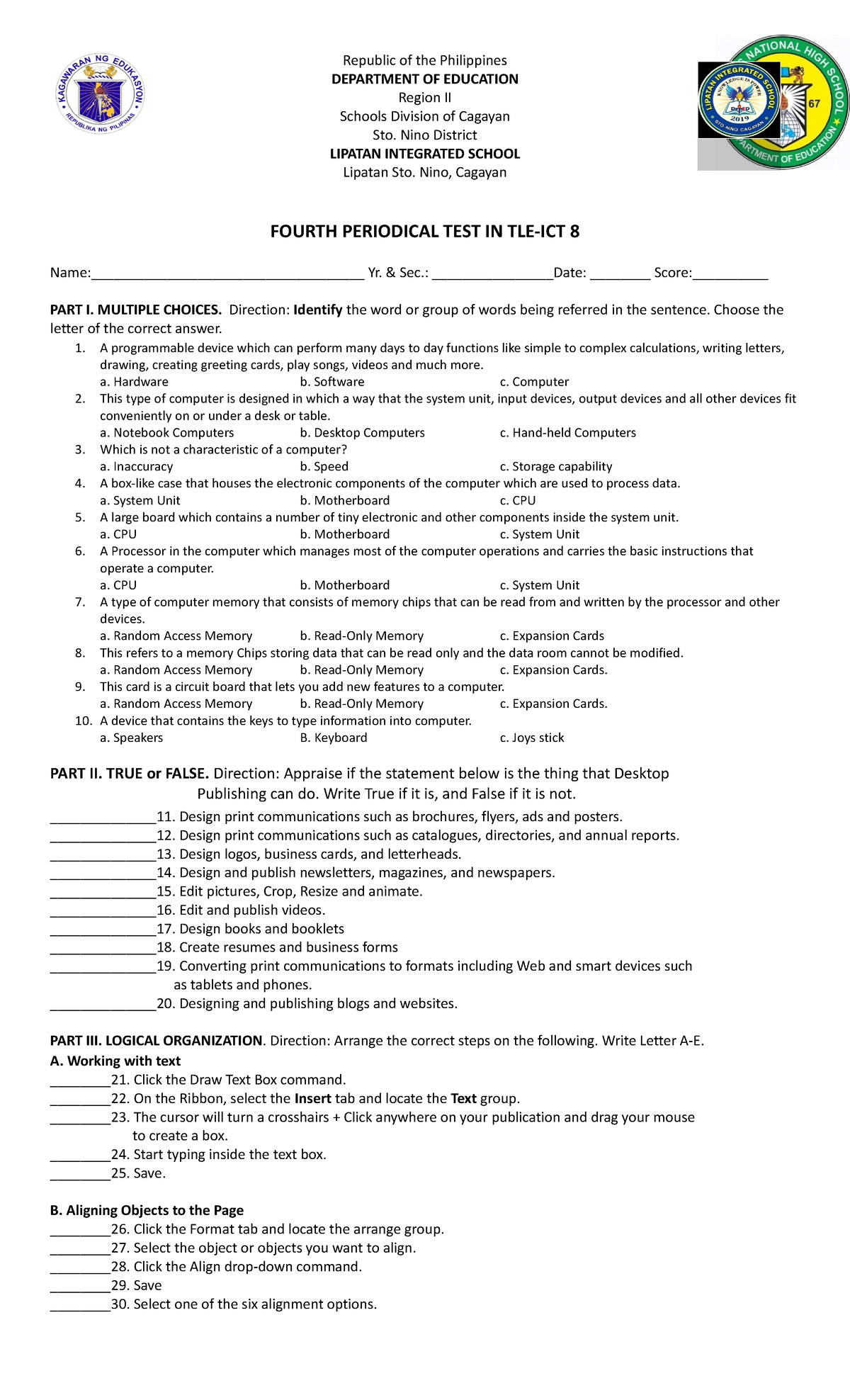 TQ AND TOS IN TLE 8 Q4 - test questions - Republic of the Philippines ...