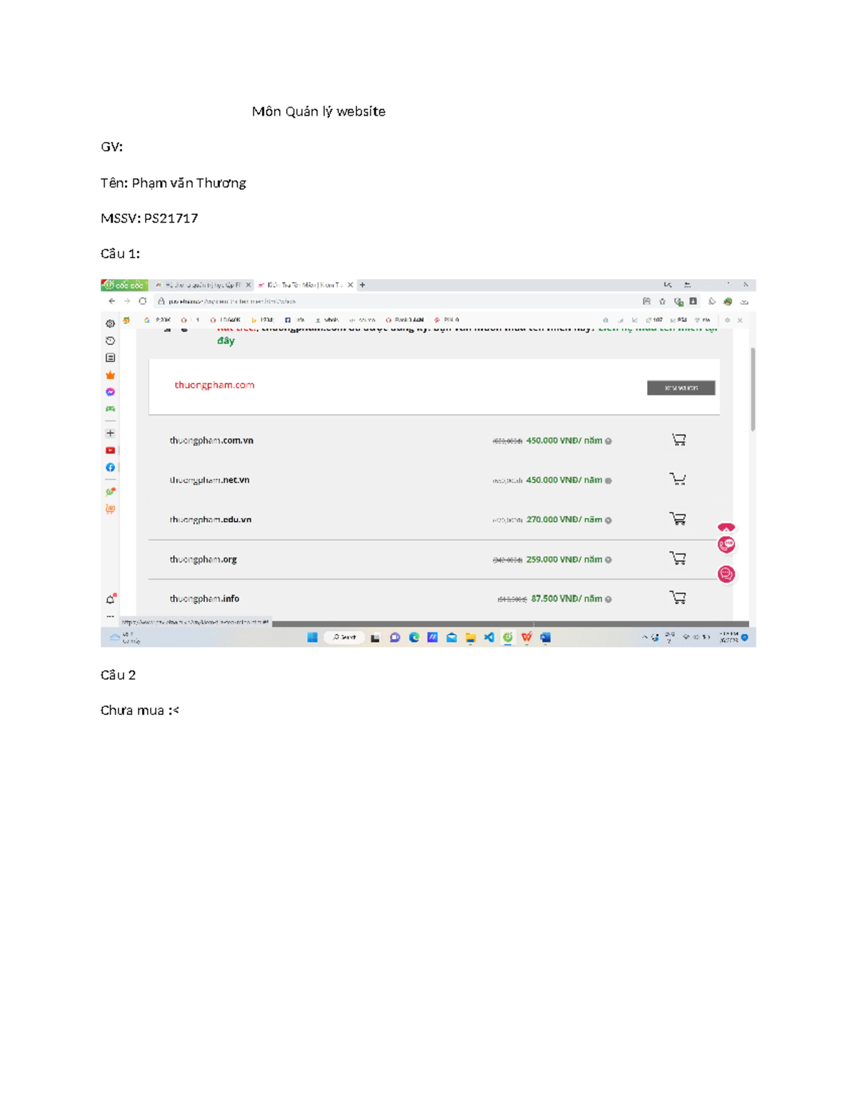 PS21717 Pham Van Thuong Lab 1 - Lab - Web1013 - 2021 - Môn Quán lý website GV: Tên: Phạm văn ...