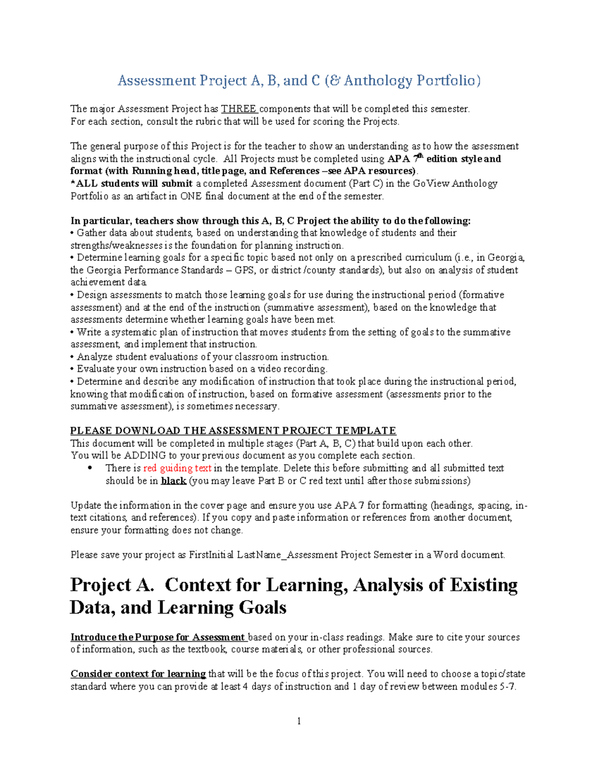 Sp24 assessment project directions - Assessment Project A, B, and C ...