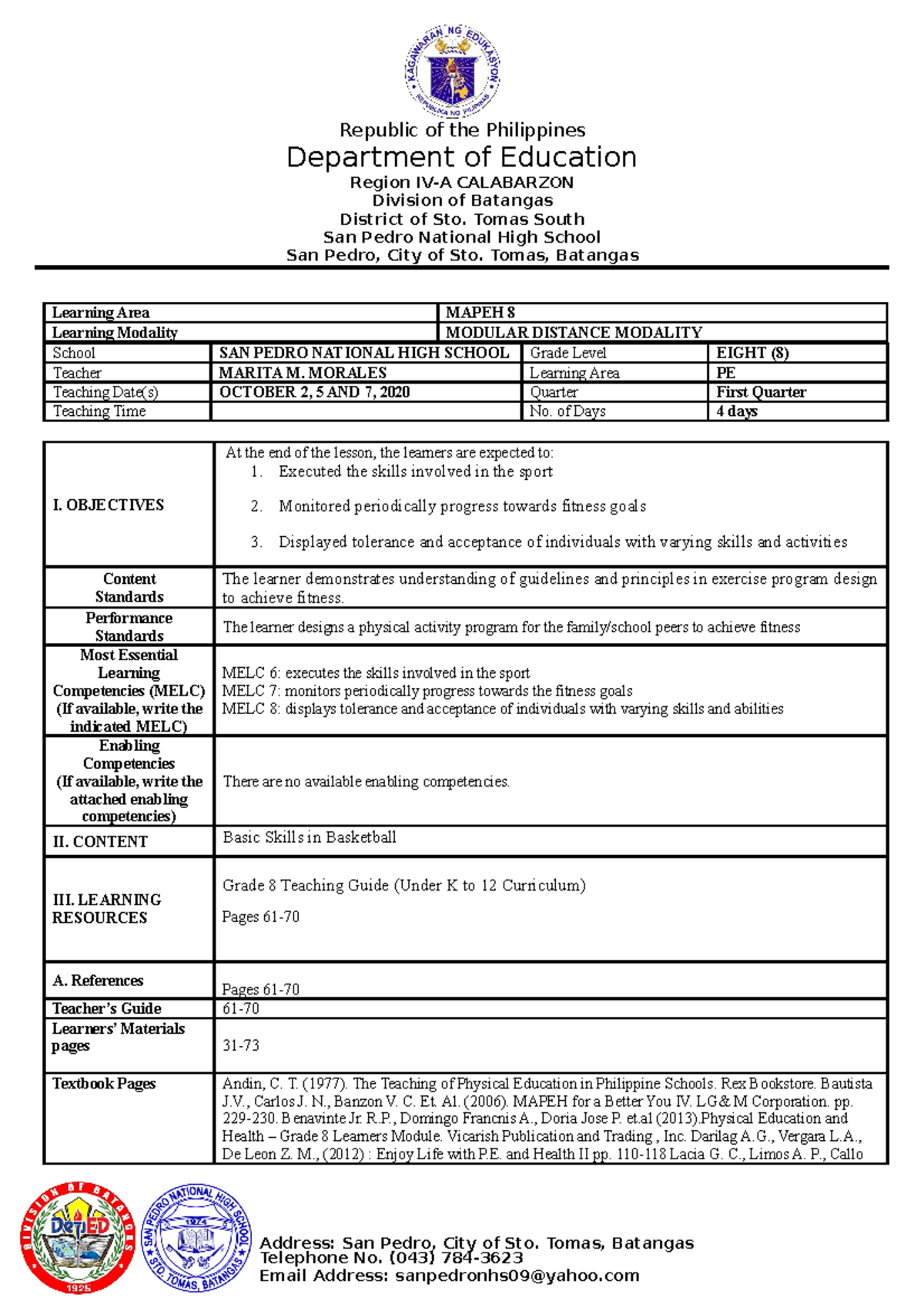 Lesson- Exemplar-MELC6-7-8- Mapeh-G8-PE- Marita M. Morales - Department ...