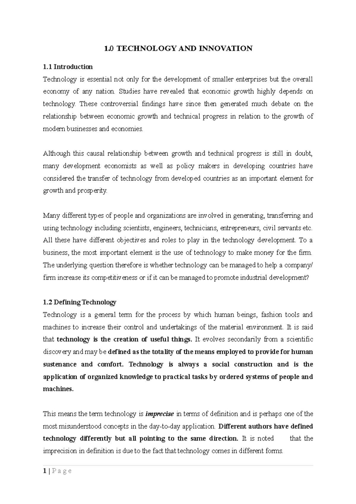 Topic 1 Technology AND Innovation - 1. 0 TECHNOLOGY AND INNOVATION 1 ...