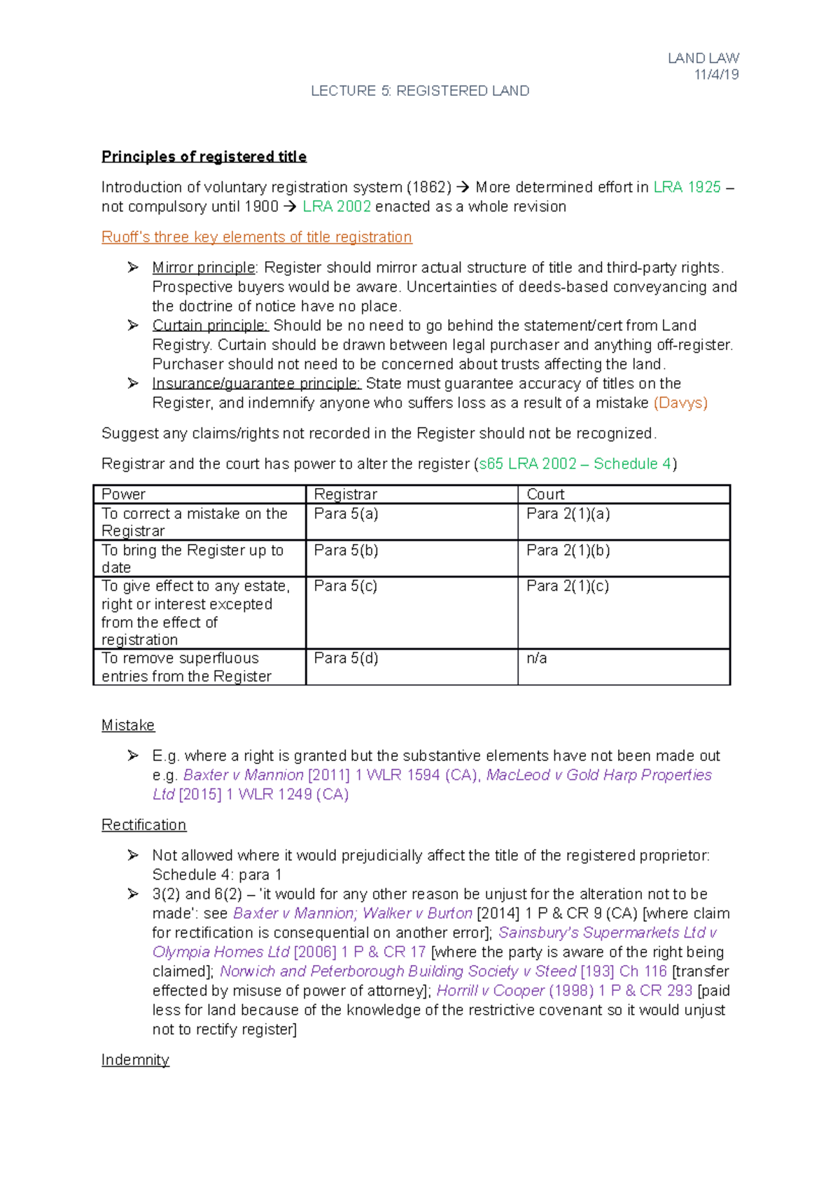 Land law lecture 5 - registered land - 11/4/ LECTURE 5: REGISTERED LAND ...