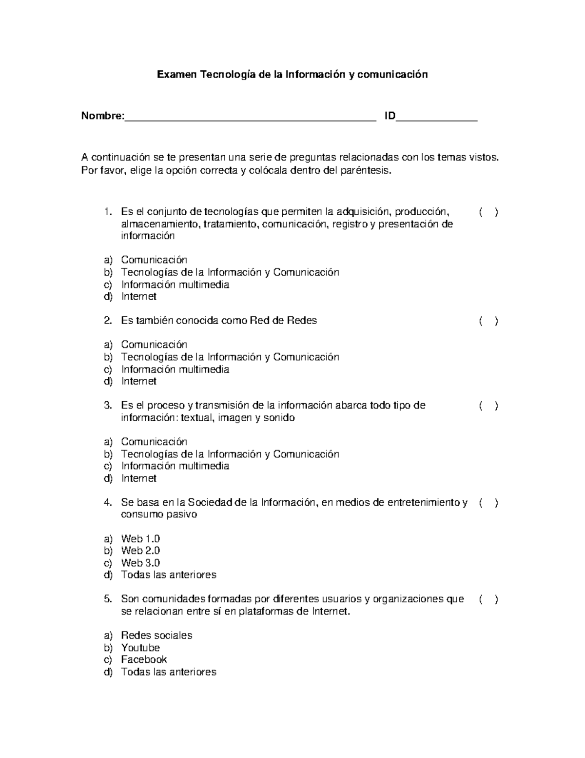 Examen TIC - .... - Examen Tecnología de la Información y comunicación ...