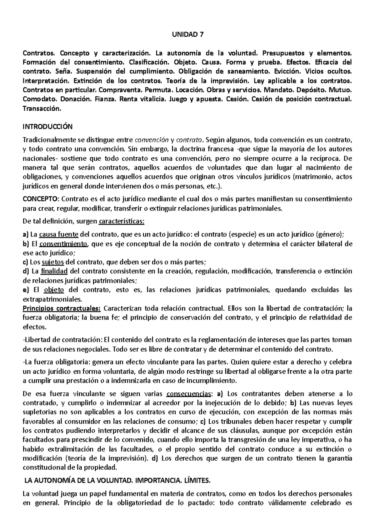 Unidad 7 - Civil 2020 Dra peleaz - UNIDAD 7 Contratos. Concepto y caracterización. La autonomía ...