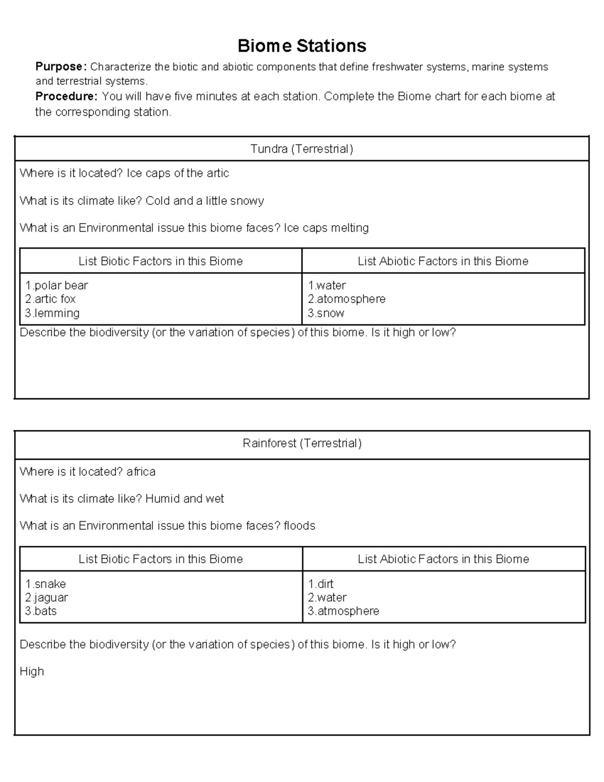 Biome Stations Handout - Biome Stations Purpose: Characterize the ...
