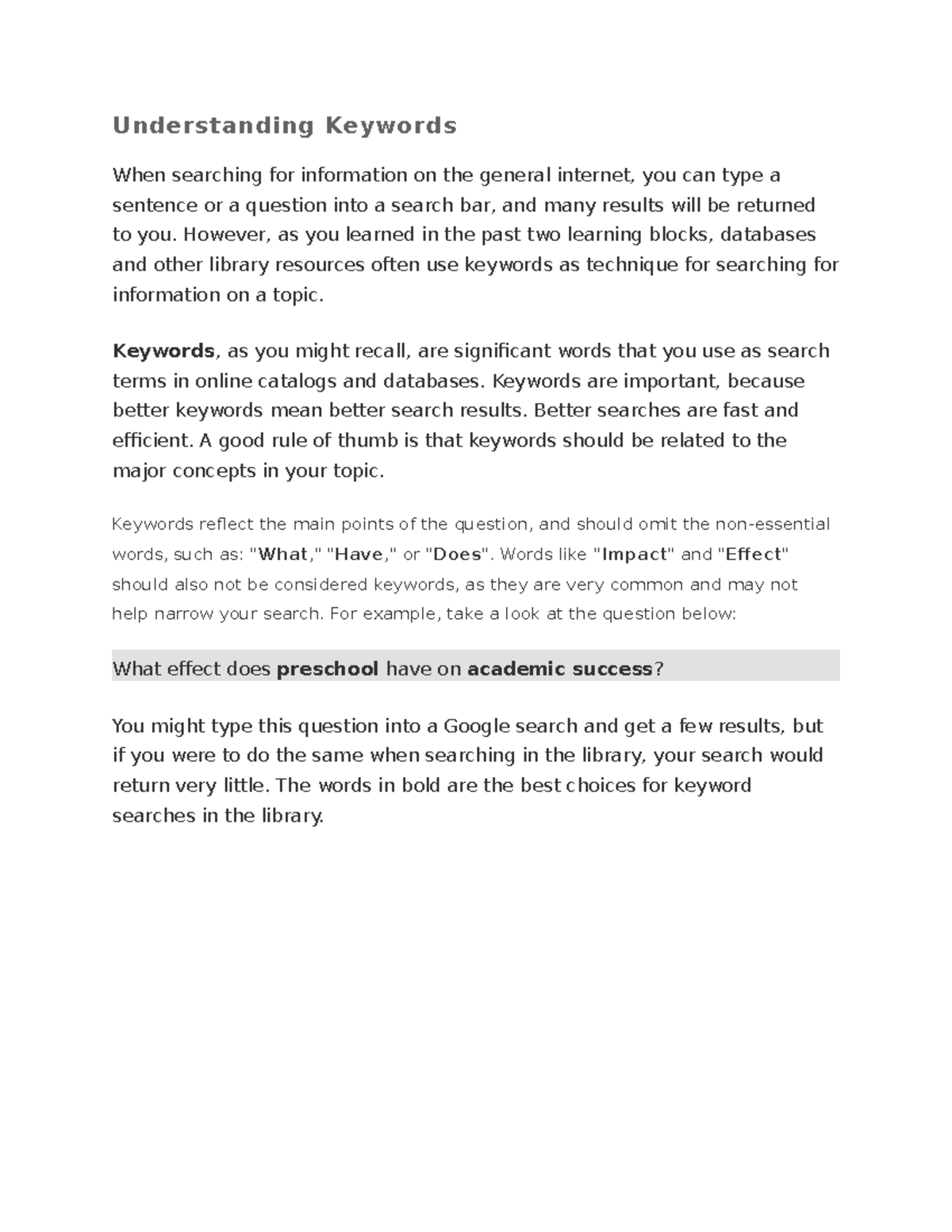 Keywords - note - Understanding Keywords When searching for information ...