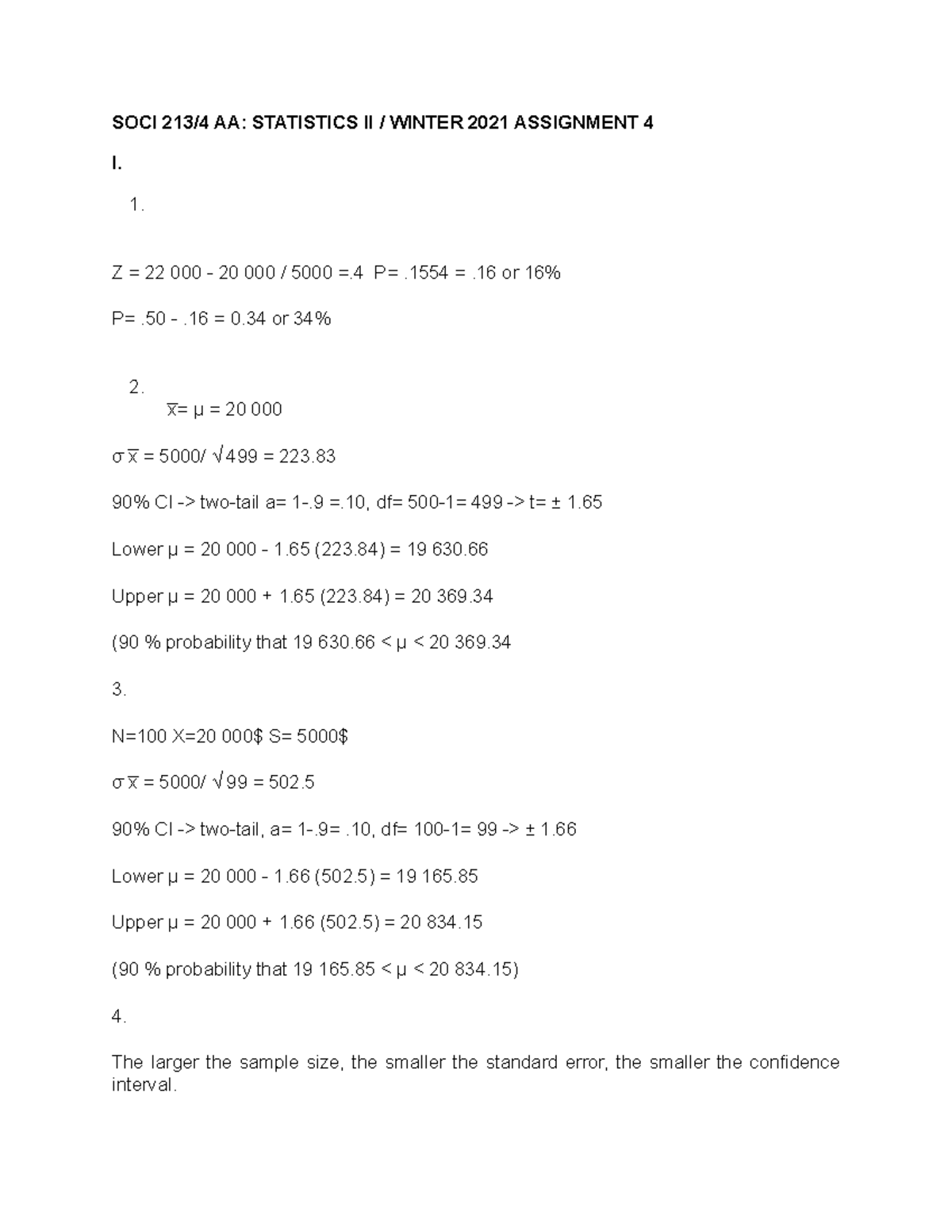 Stat 4 1 Assignment 4 Soci 2134 Aa Statistics Ii Winter 2021 Assignment 4 I 1 Z 22 2759