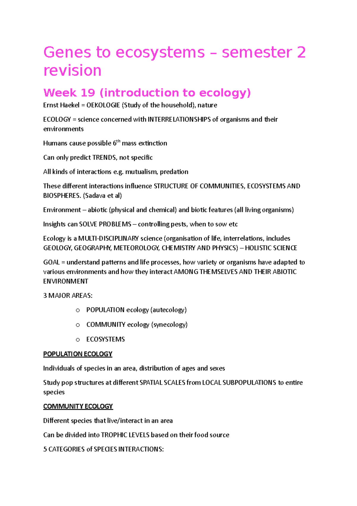 Genes to ecosystems Revision Semester 2 - Genes to ecosystems semester ...