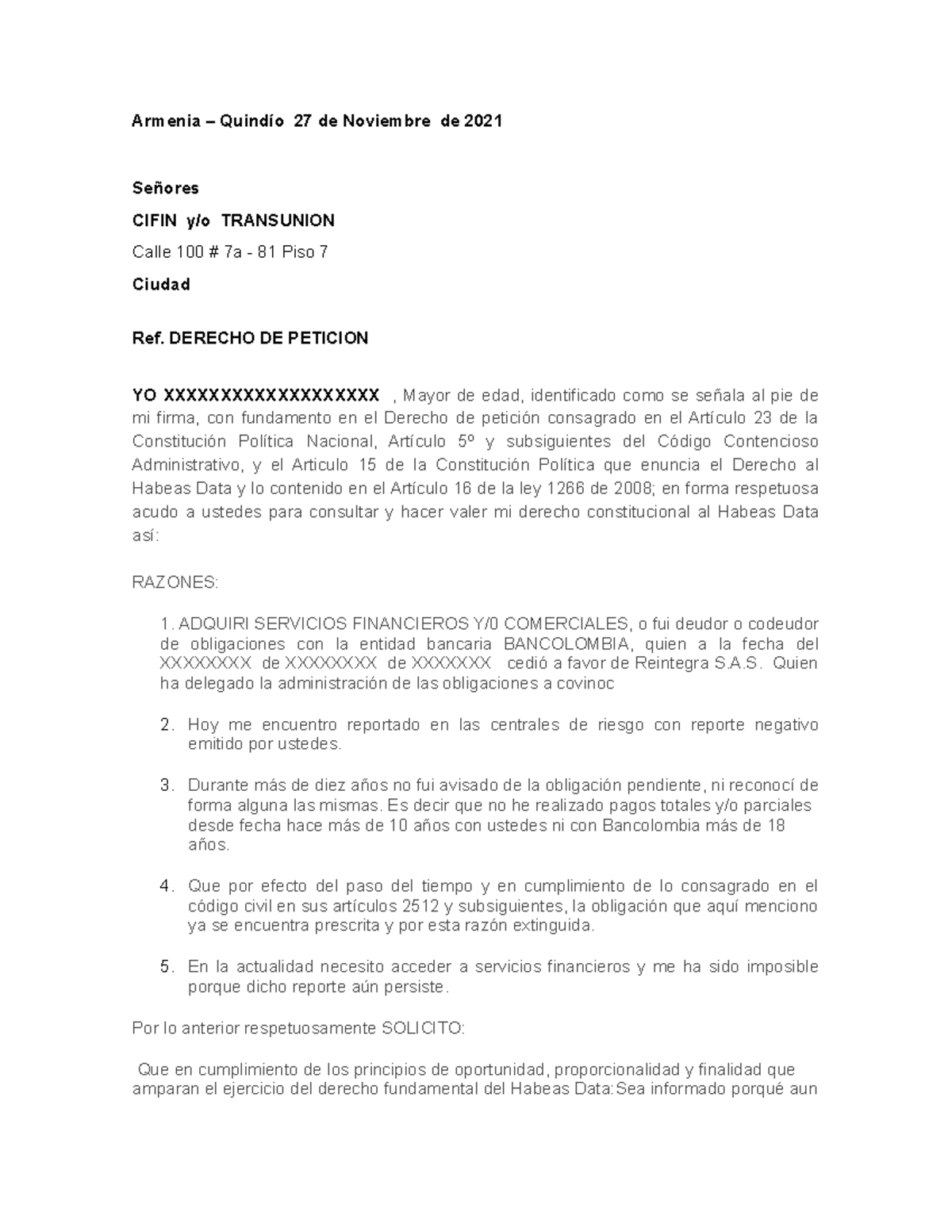 Derecho DE Peticion DE Cifin Transunion - Armenia – Quindío 27 de ...