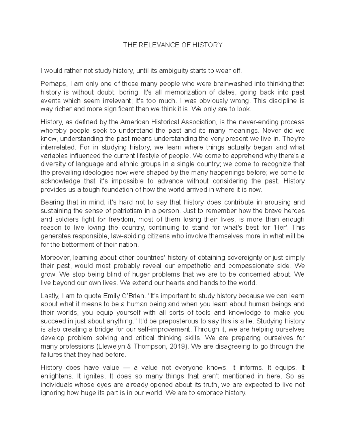 The Relevance of History from a First Year Student's Perspective: An ...