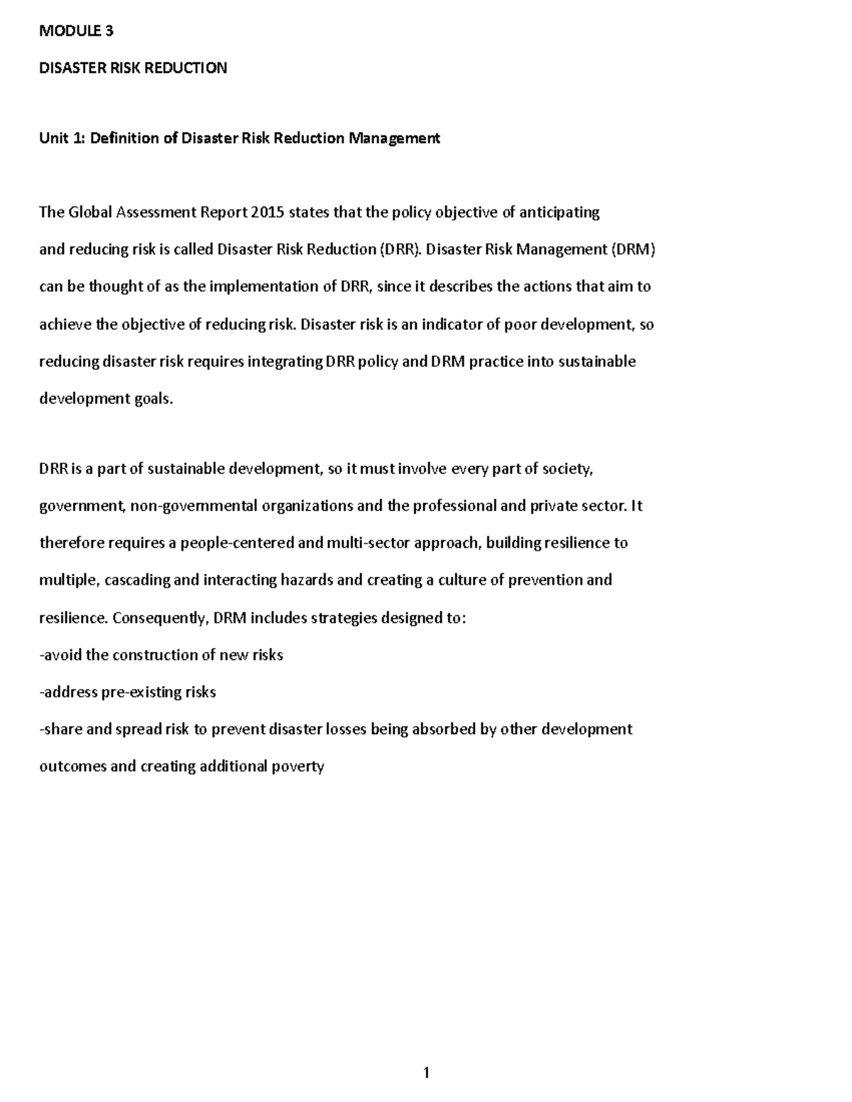UNIT1-DRRM Report - MODULE 3 DISASTER RISK REDUCTION Unit 1: Definition ...